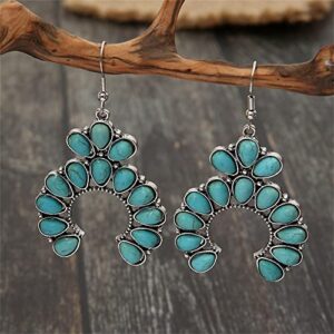 Bohemian Vintage Turquoise Oval Flower Ethnic Drop Dangle Earrings for Women Boho Exaggerated Retro Geometric Turquoise Teardrop Earrings Cowgirl Cowboy Jewelry Gift (D)