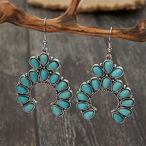 Bohemian Vintage Turquoise Oval Flower Ethnic Drop Dangle Earrings for Women Boho Exaggerated Retro Geometric Turquoise Teardrop Earrings Cowgirl Cowboy Jewelry Gift (D)