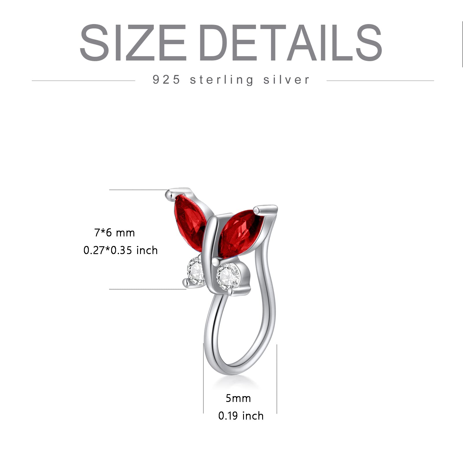 925 Sterling Silver Butterfly Nose Rings Cuff for Non Pierced Nose Clip On Nose Ring with Simulated Birthstone (Red)