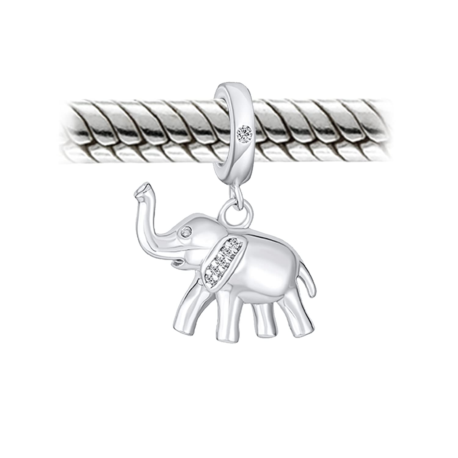 Trunk Up Good Luck Zoo Animal Elephant Dangle Bead Charm For Women Teen .925 Sterling Silver Fits European Bracelet