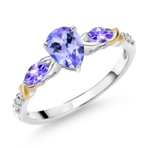 gem stone king 925 silver 10k yellow gold pear shape blue tanzanite and white lab grown diamond engagement ring for women (1.01 cttw, gemstone december birthstone, size 8)