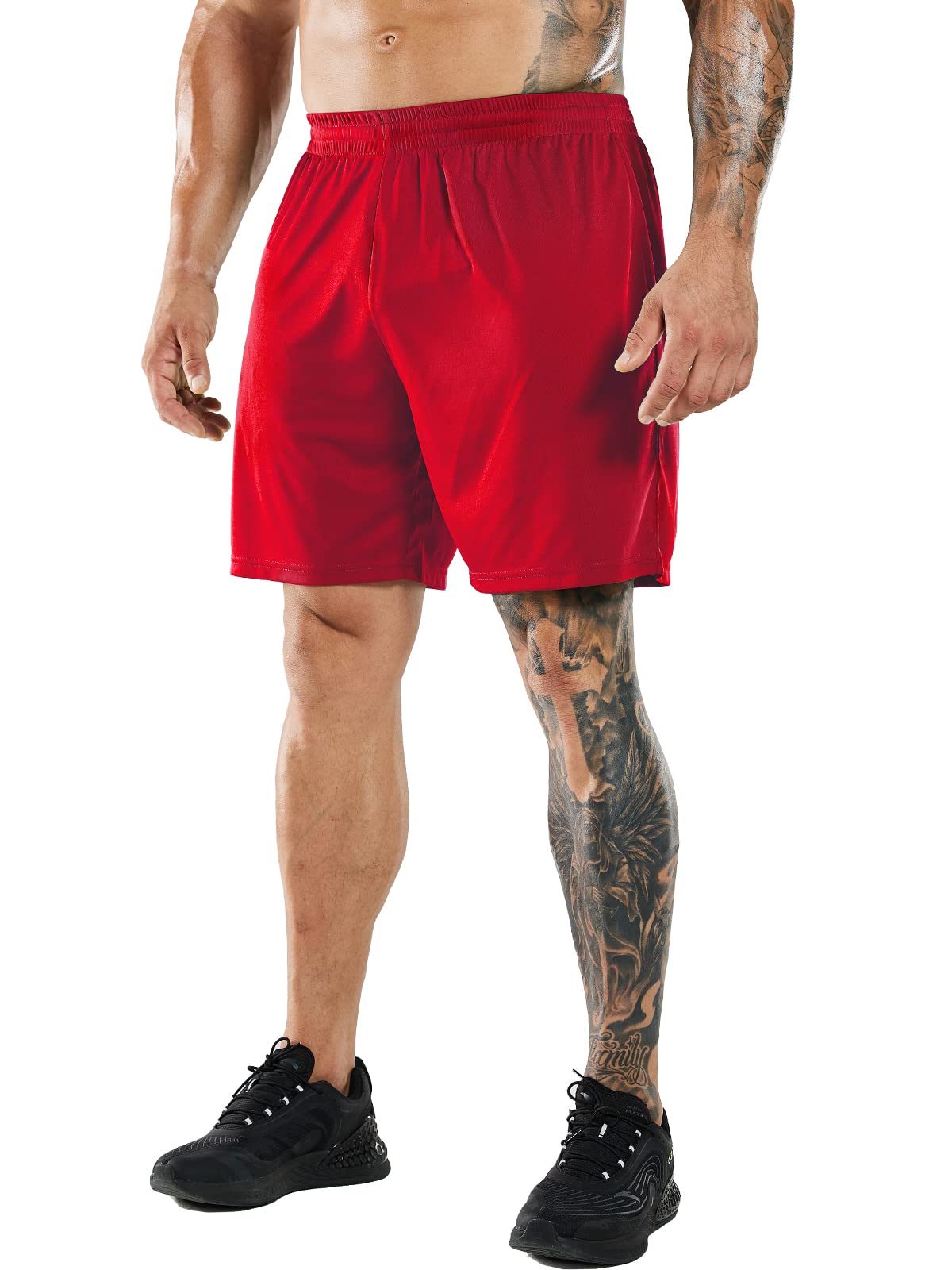 MIER Men's Quick-Dry Athletic/Soccer/Basketball Shorts Without Pockets No Liner Running Workout Training Active Shorts, Black/Red, L