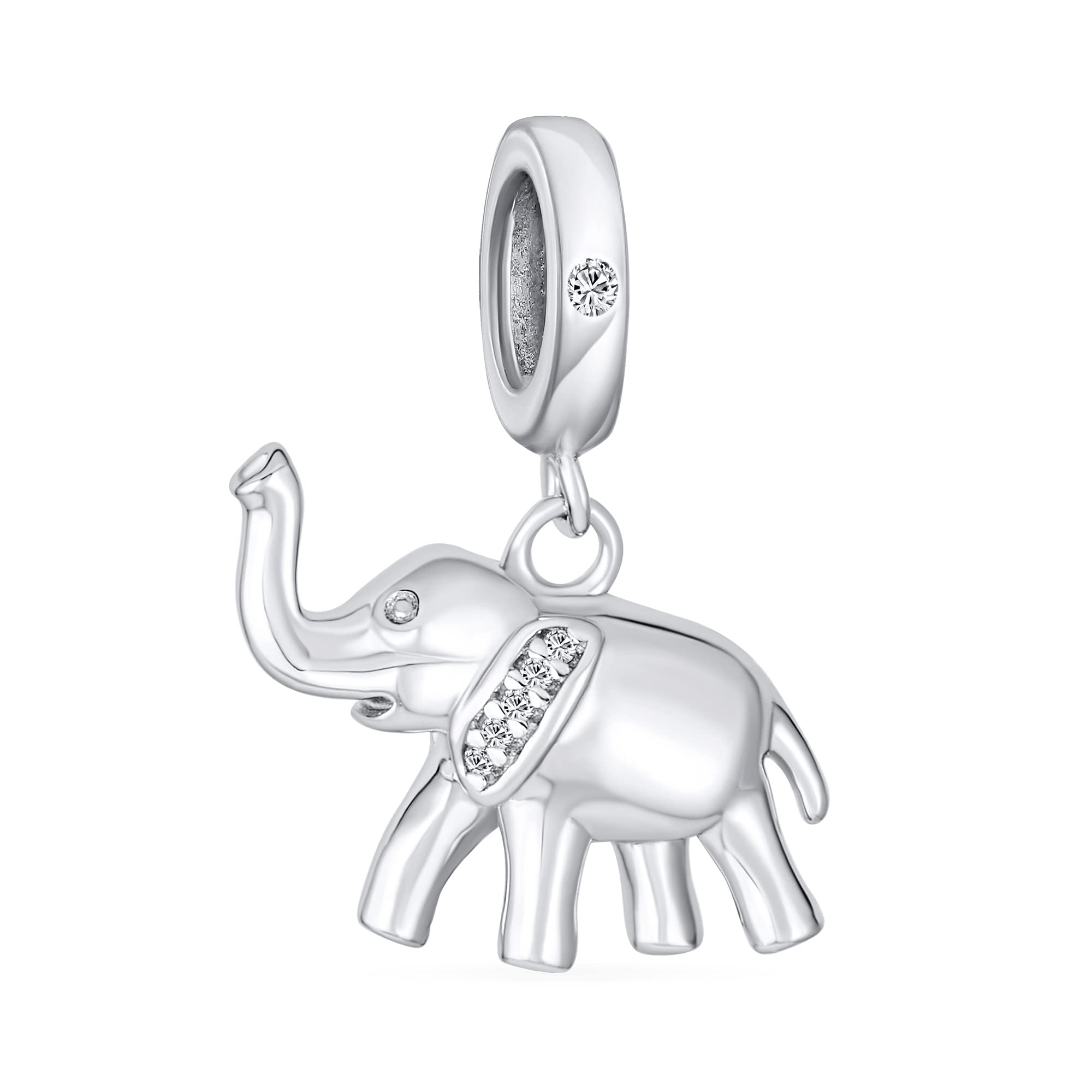 Trunk Up Good Luck Zoo Animal Elephant Dangle Bead Charm For Women Teen .925 Sterling Silver Fits European Bracelet