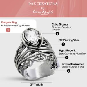 Sterling Silver Pear Shaped Cubic Zirconia Ring, Hypoallergenic, Nickel and Lead-free, Artisan Handcrafted Designer Collection, by Paz Creations (WH,7)