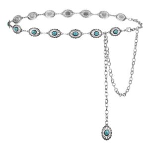 fioretto concho chain belt for women oval turquoise metal waist chain western belts for dress silver