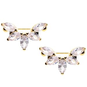 14ga stainless steel cz crystal floral lotus marquise nipple shields, sold as a pair (gold tone)