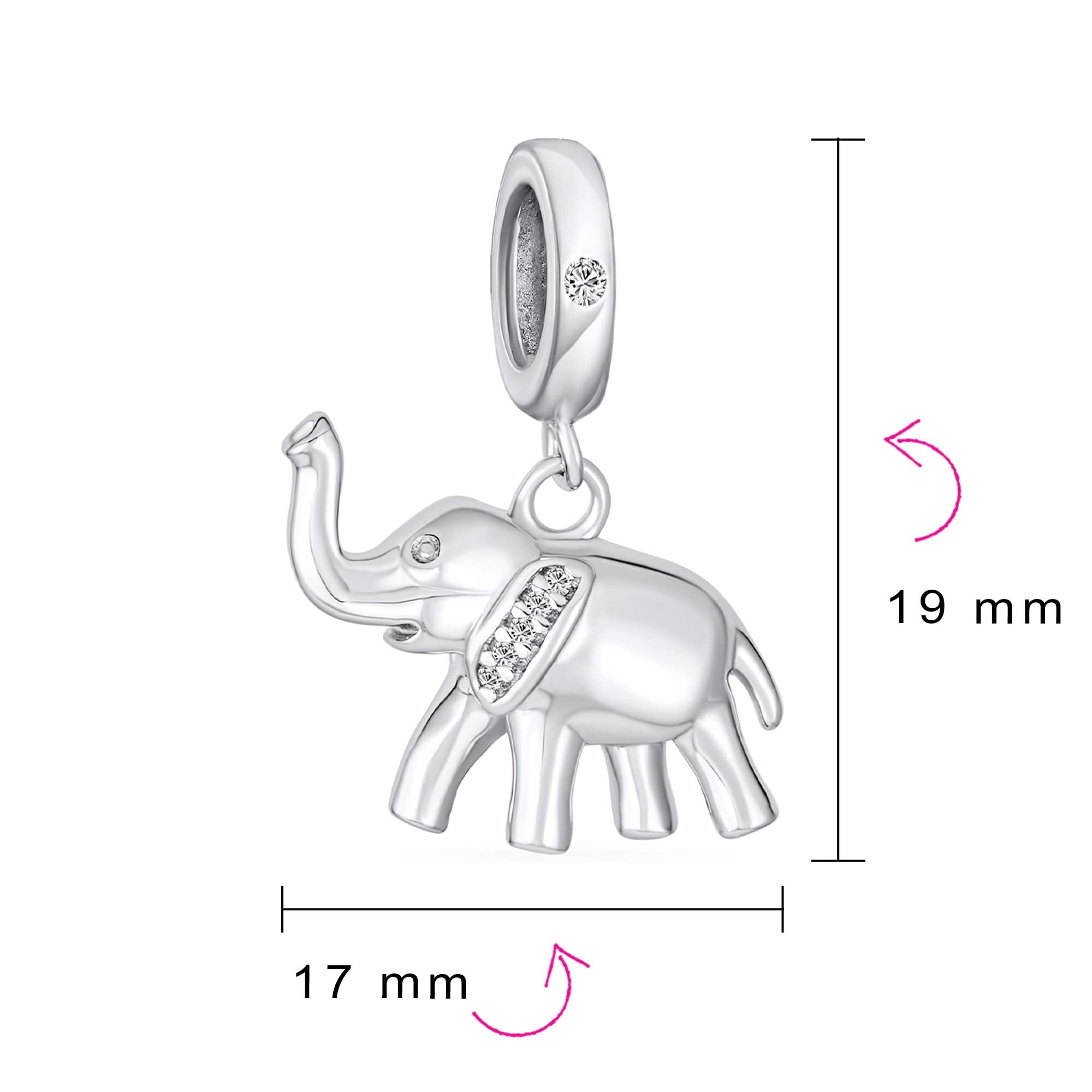 Trunk Up Good Luck Zoo Animal Elephant Dangle Bead Charm For Women Teen .925 Sterling Silver Fits European Bracelet