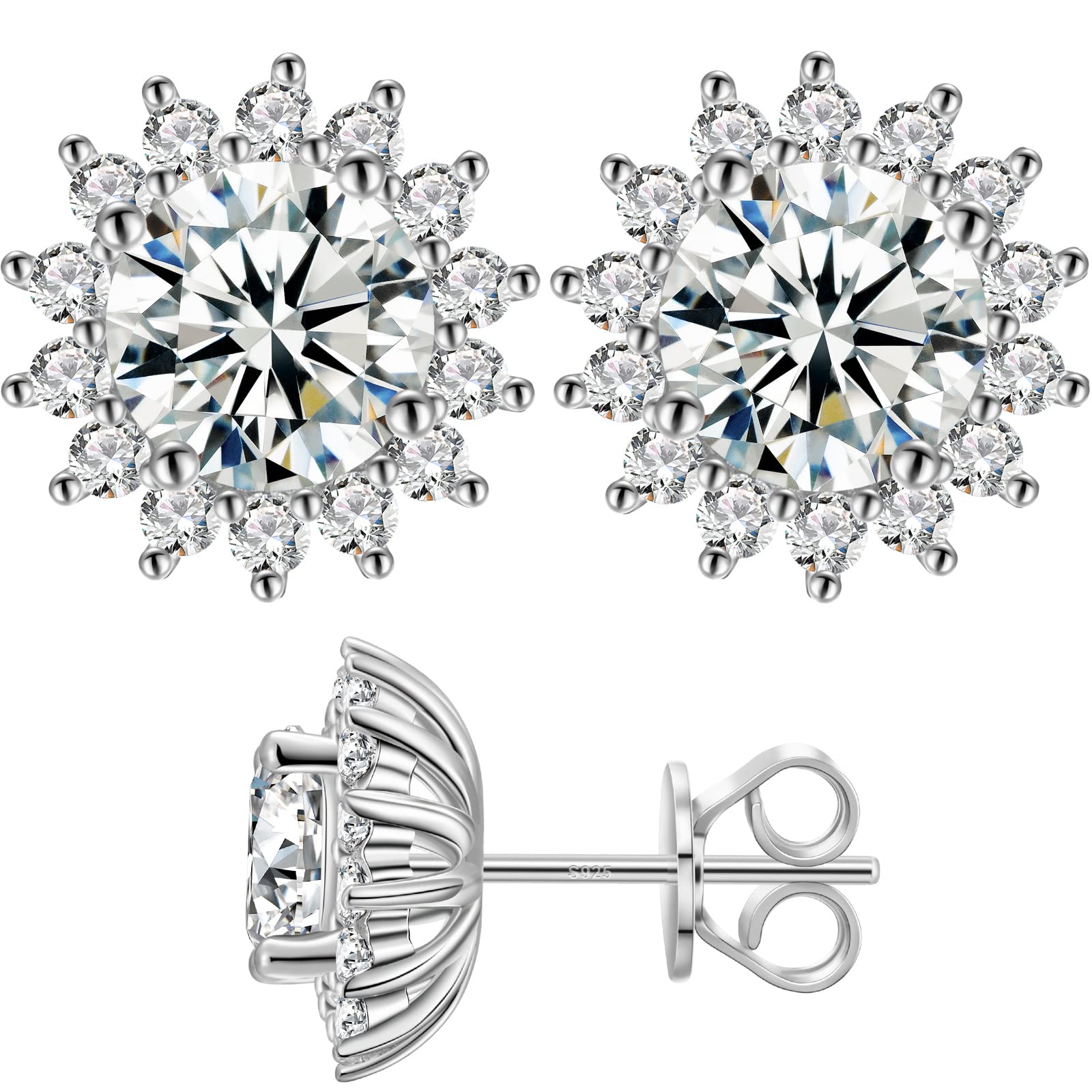 Moissanite Stud Earrings 0.2CT-8.0CT 18K White Gold Plated D Color VVS1 Clarity Brilliant Round Cut Lab Created Diamond S925 Sterling Silver Hypoallergenic Stud Earrings Anniversary Day Gifts for Women Men