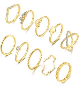 opfiv 10pcs 14k gold plated stacking rings for women teen cubic zirconia wave knot love heart stackable thin gold ring plain statement band promise eternity bands ring comfort fit size 6-9