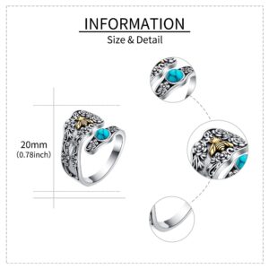 HUKKUN Spoon Ring Sterling Silver Chunky Gold Bee Rings for Women Adjustable Turquoise Ring