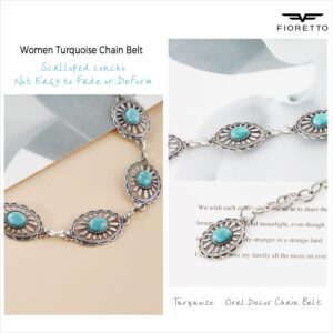 FIORETTO Concho Chain Belt for Women Oval Turquoise Metal Waist Chain Western Belts for Dress Silver