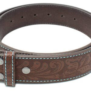 BC Belts Leather Belt Strap with Embossed Western Scrollwork 1.5" Wide with Snaps (Brown/Teal-S)