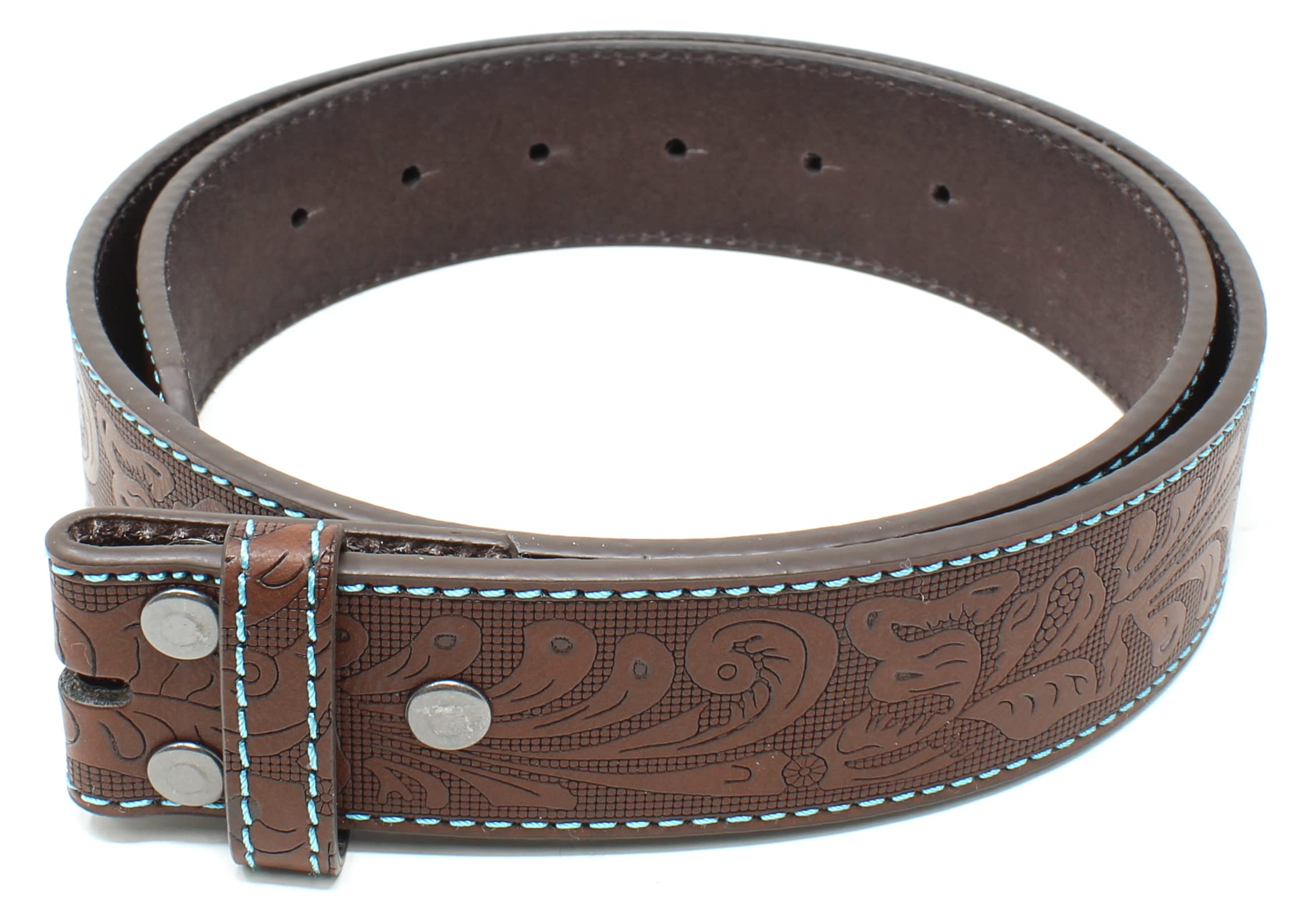 BC Belts Leather Belt Strap with Embossed Western Scrollwork 1.5" Wide with Snaps (Brown/Teal-S)