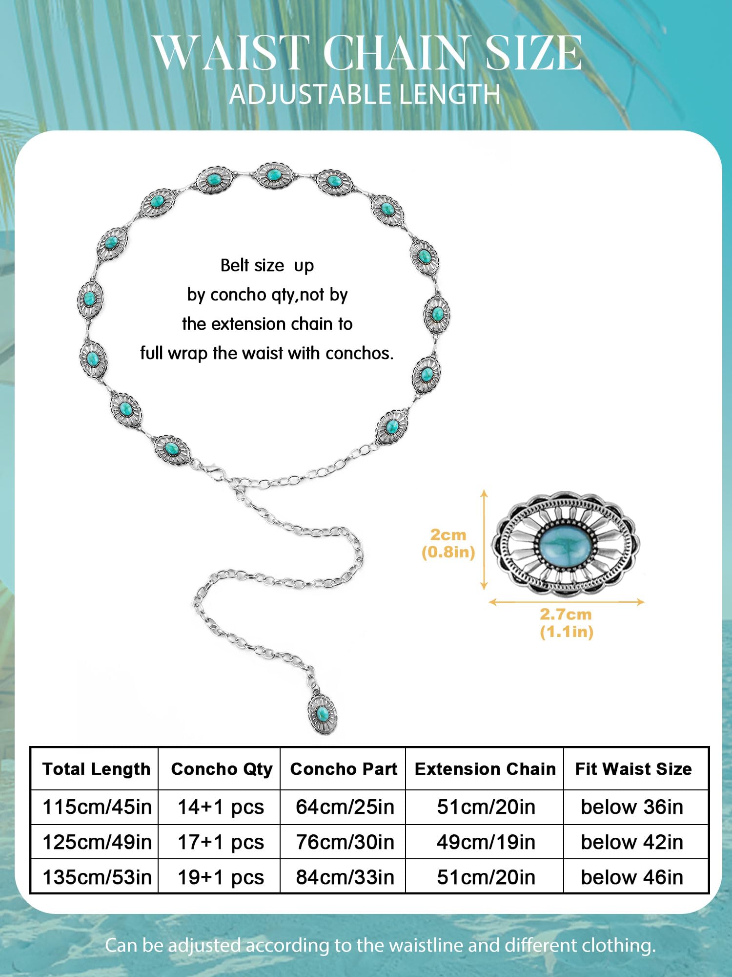 FIORETTO Concho Chain Belt for Women Oval Turquoise Metal Waist Chain Western Belts for Dress Silver