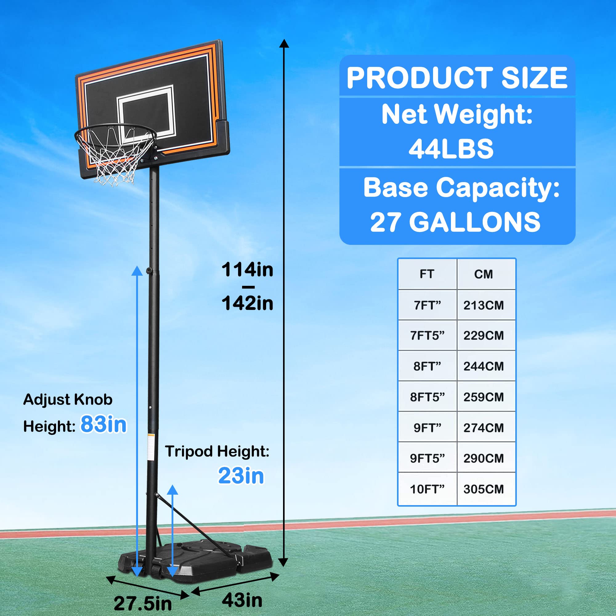 Portable Basketball Hoop Goals Outdoor Indoor Basketball Court w/Canasta de Basketball Backboard & Wheels & Fillable Base 7-10ft Adjustable Height Removeable Weather-Resistant for Youth Adult