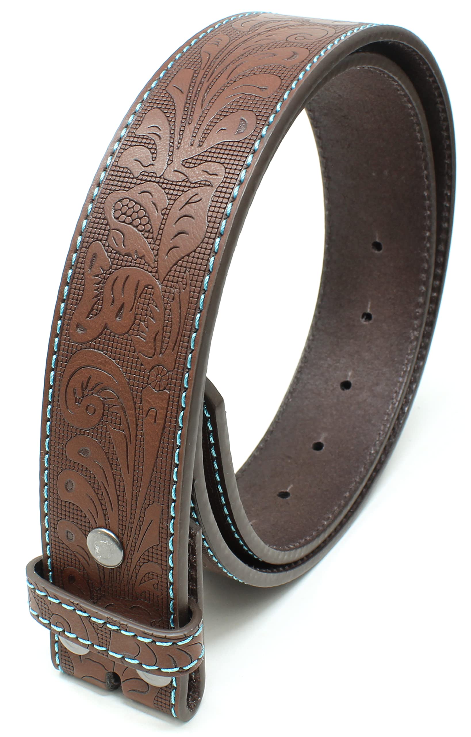 BC Belts Leather Belt Strap with Embossed Western Scrollwork 1.5" Wide with Snaps (Brown/Teal-S)