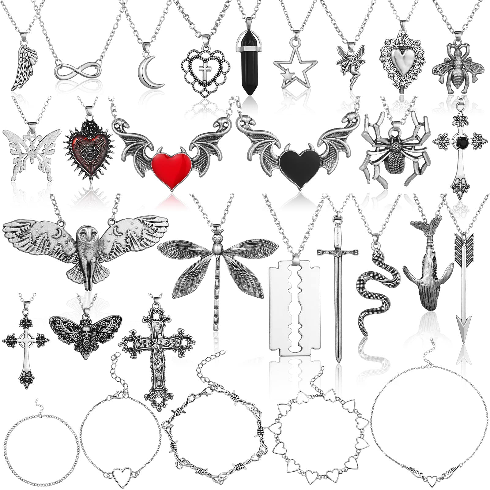 Bonuci 30 Pieces Grunge Necklace Set Goth Cross Necklace Y2k Necklace Punk Rock Vintage Harajuku Gothic Feather Chain Choker Necklace Jewelry Costume Accessories(Classic Style)