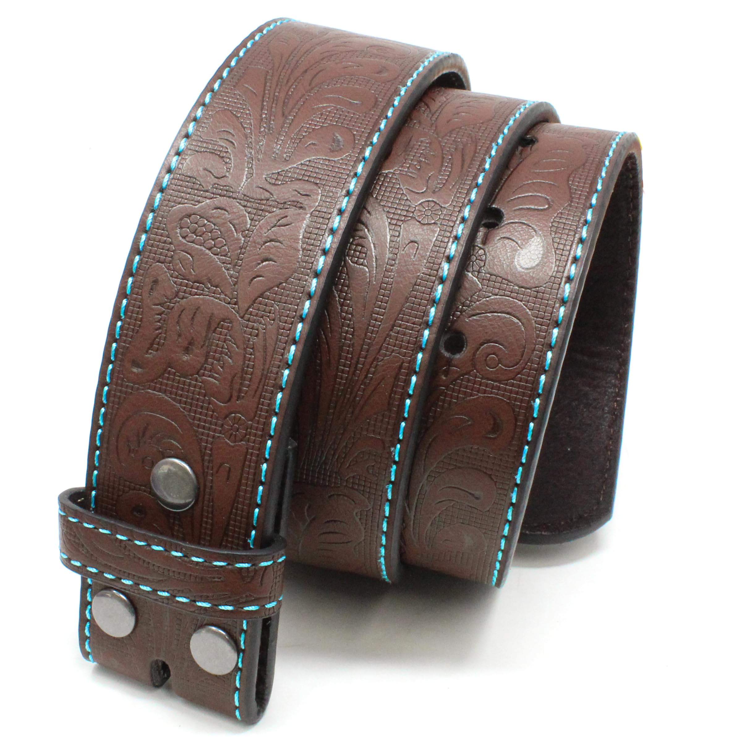 BC Belts Leather Belt Strap with Embossed Western Scrollwork 1.5" Wide with Snaps (Brown/Teal-S)