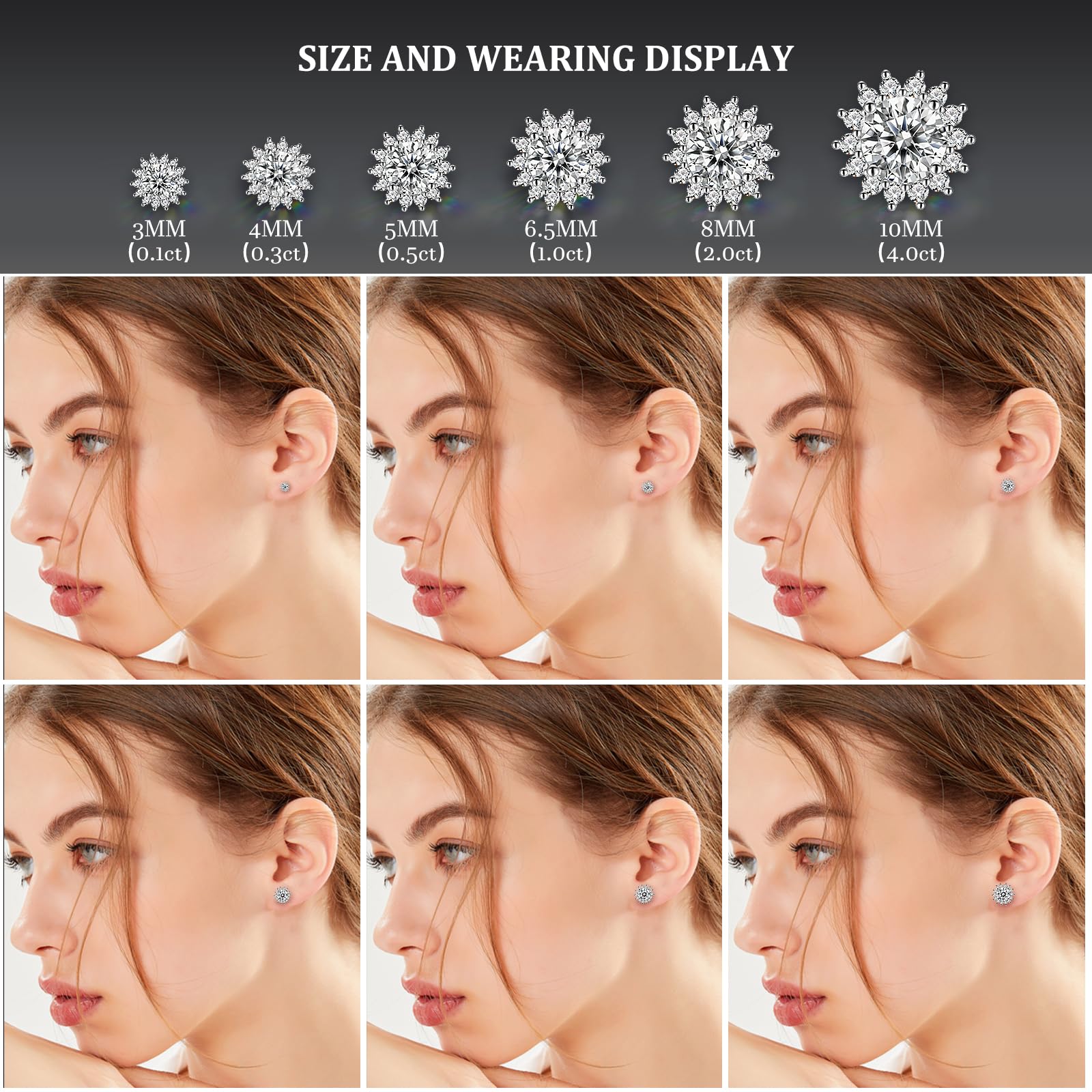 Moissanite Stud Earrings 0.2CT-8.0CT 18K White Gold Plated D Color VVS1 Clarity Brilliant Round Cut Lab Created Diamond S925 Sterling Silver Hypoallergenic Stud Earrings Anniversary Day Gifts for Women Men