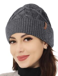 outdoor shaping merino wool beanie, unisex cable knit hat, daily rib cuff beanie, warm winter cap, dark gray, one size