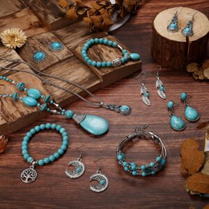 Florideco Bohemian Turquoise Jewelry Set Women Western Turquoise Pendant Necklace Layered Wrap Bangle Bracelet Turquoise Vintage Turquoise Dangle Earrings Boho Jewelry for Women A