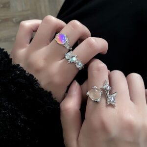 KURTCB Y2K Rings Irregular Moonstone Carnelian Opal Rings Set Agate Opening Adjustable Stackable Rings for Women (Silver)