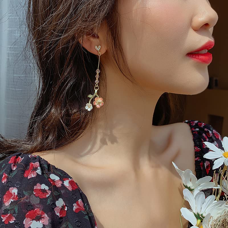 Pink Flower Earrings Sakura Cherry Blossoms Drop Earrings Floral Teardrop Butterfly Fairy Leaf Petal Drop Spring Women Girls Jewelry (A pink)