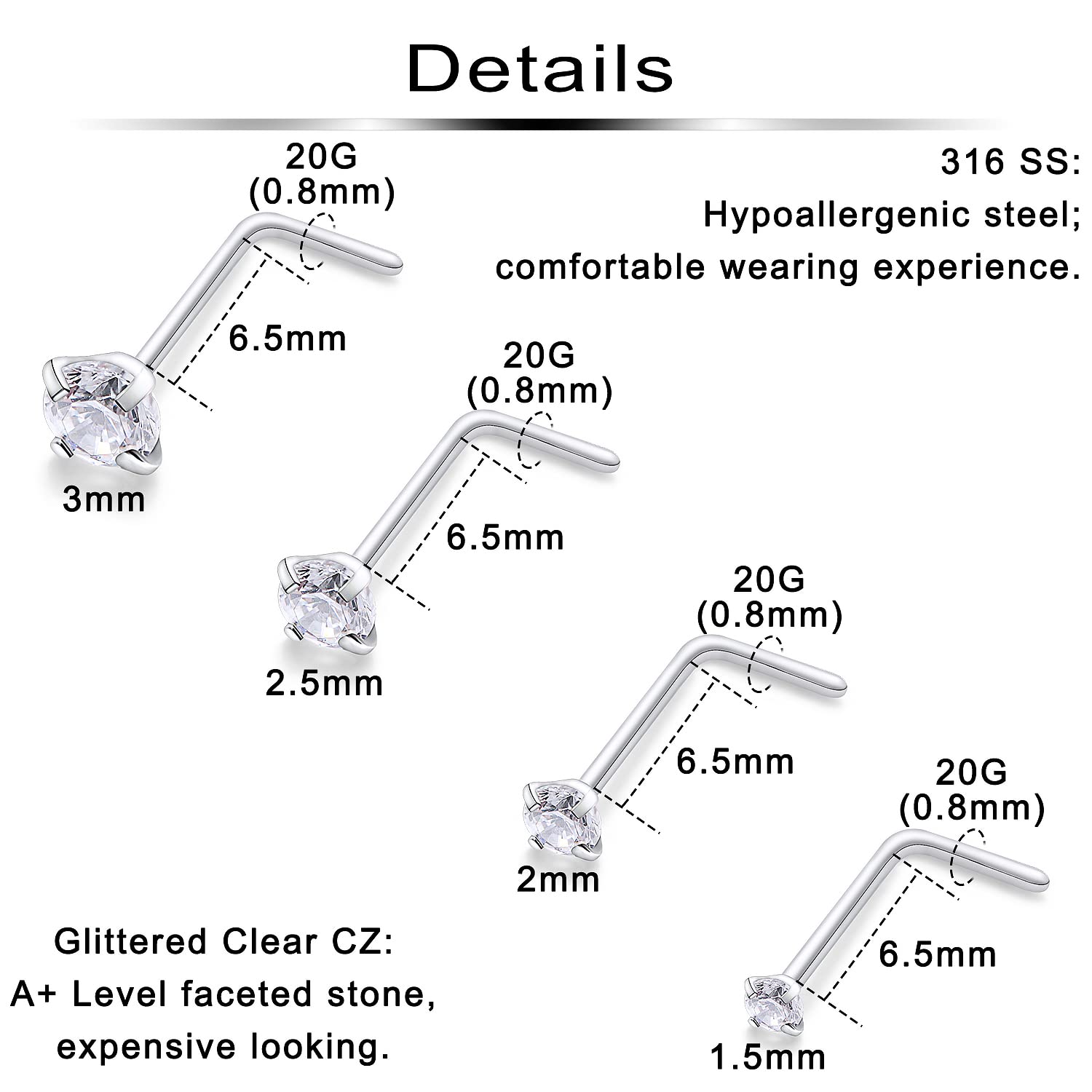 Ftovosyo 20G L Shaped Nose Studs Surgical Steel Nose Rings Studs 1.5mm 2mm 2.5mm 3mm CZ Nose Rings for Women Nose Nostrial Piercing Jewerly