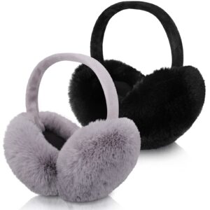 satinior 2 pieces winter ear muffs faux fur earmuffs cute foldable outdoor ear warmers faux fur ear warmers for women (gray, black)