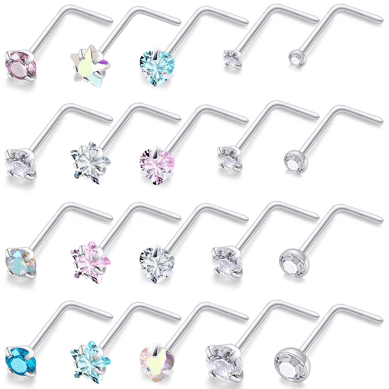 Ftovosyo 20G L Shaped Nose Studs Surgical Steel Nose Rings Studs 1.5mm 2mm 2.5mm 3mm CZ Nose Rings for Women Nose Nostrial Piercing Jewerly