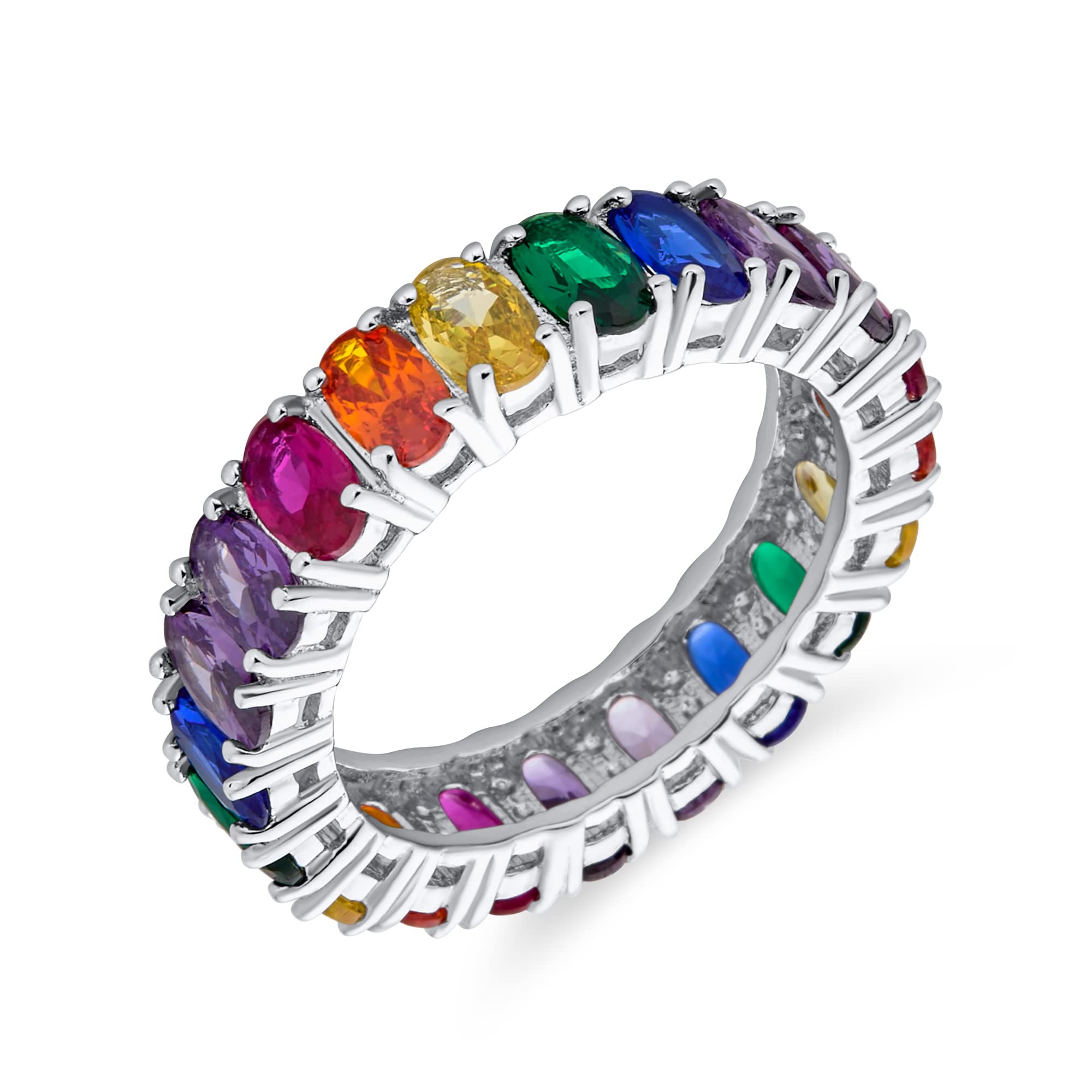 AAA Cubic Zirconia LGBTQ Colorful Rainbow Oval Cut Multi Color CZ Eternity Ring Anniversary Wedding Band For Women .925 Sterling Silver 5MM Stackable Rings