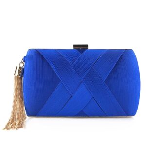 women's elegant tassel pendant silk evening bag clutch purse for bride wedding prom night out party (blue)