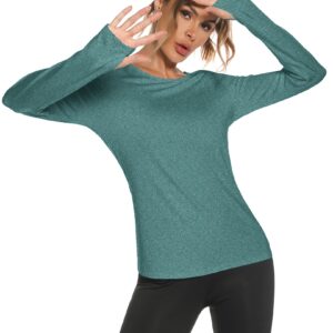 Back Long Sleeve Workout Tops for Women with Thumb Hole Backless Crewneck Gym Yoga Shirts Green