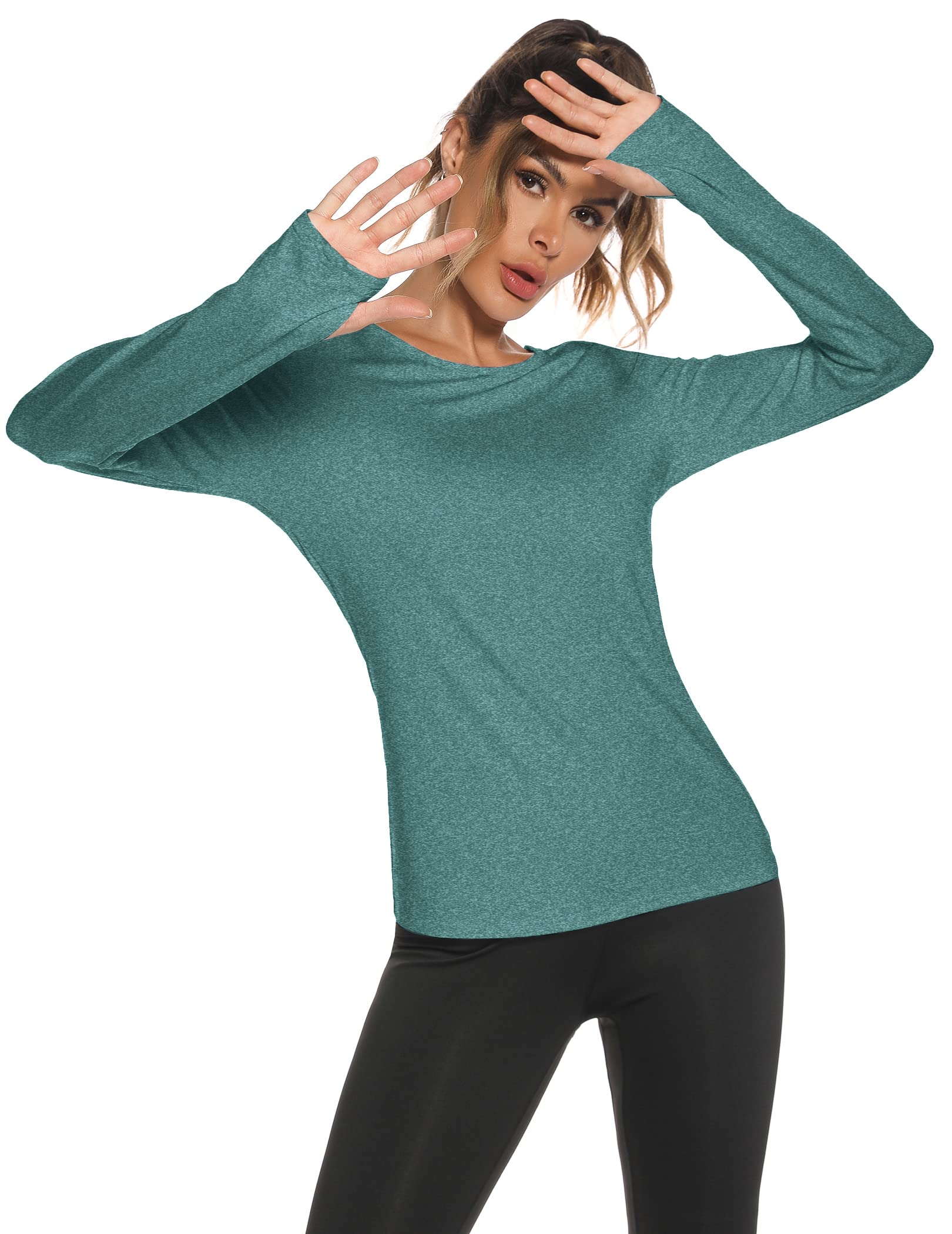 Back Long Sleeve Workout Tops for Women with Thumb Hole Backless Crewneck Gym Yoga Shirts Green