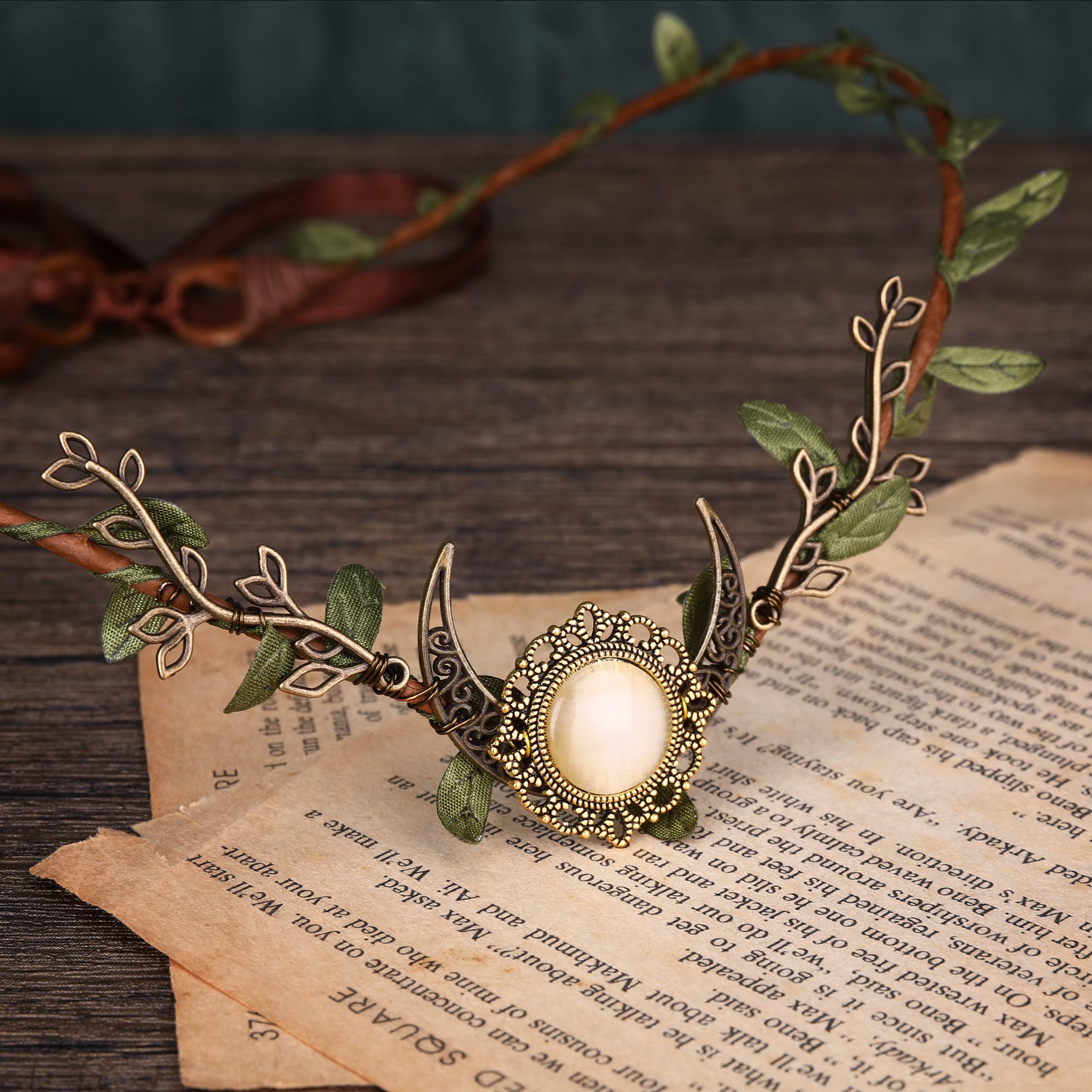 MOSTORY Handmade Elf Moon Crown - Fairy Flower Headpiece Woodland Circlet Elven Floral Headband for Women Girls Renaissance Forest Princess Wedding Bridal Cosplay Bronze Green