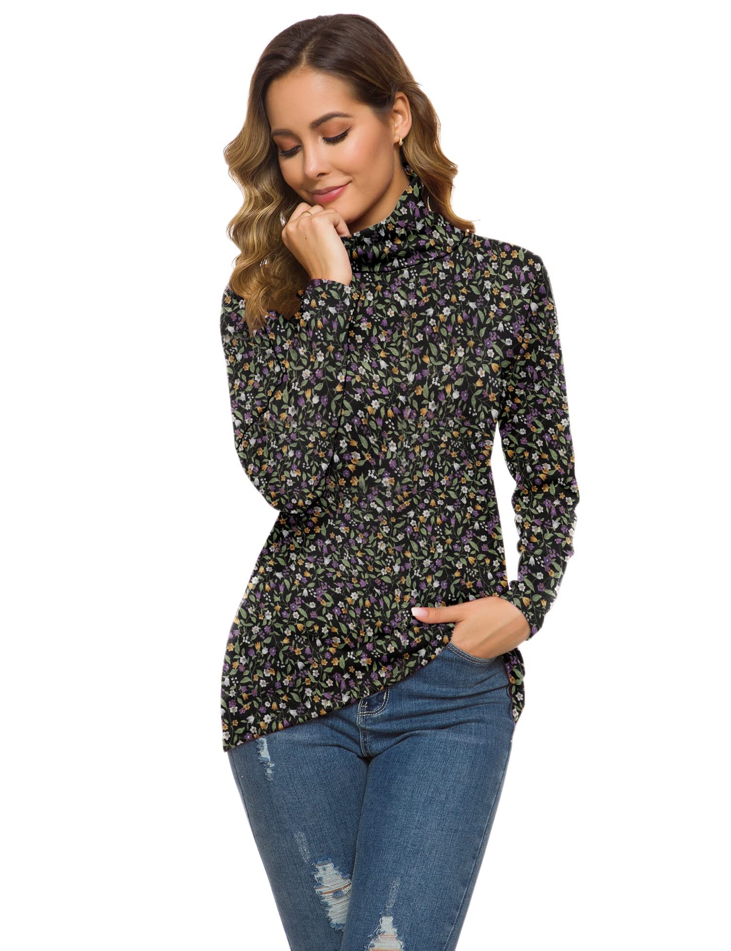 Women's Turtleneck Long Sleeve Fall Shirts Casual Slim Fit Basic Tops Layer Winter Warm Thermal Layering Tee Floral