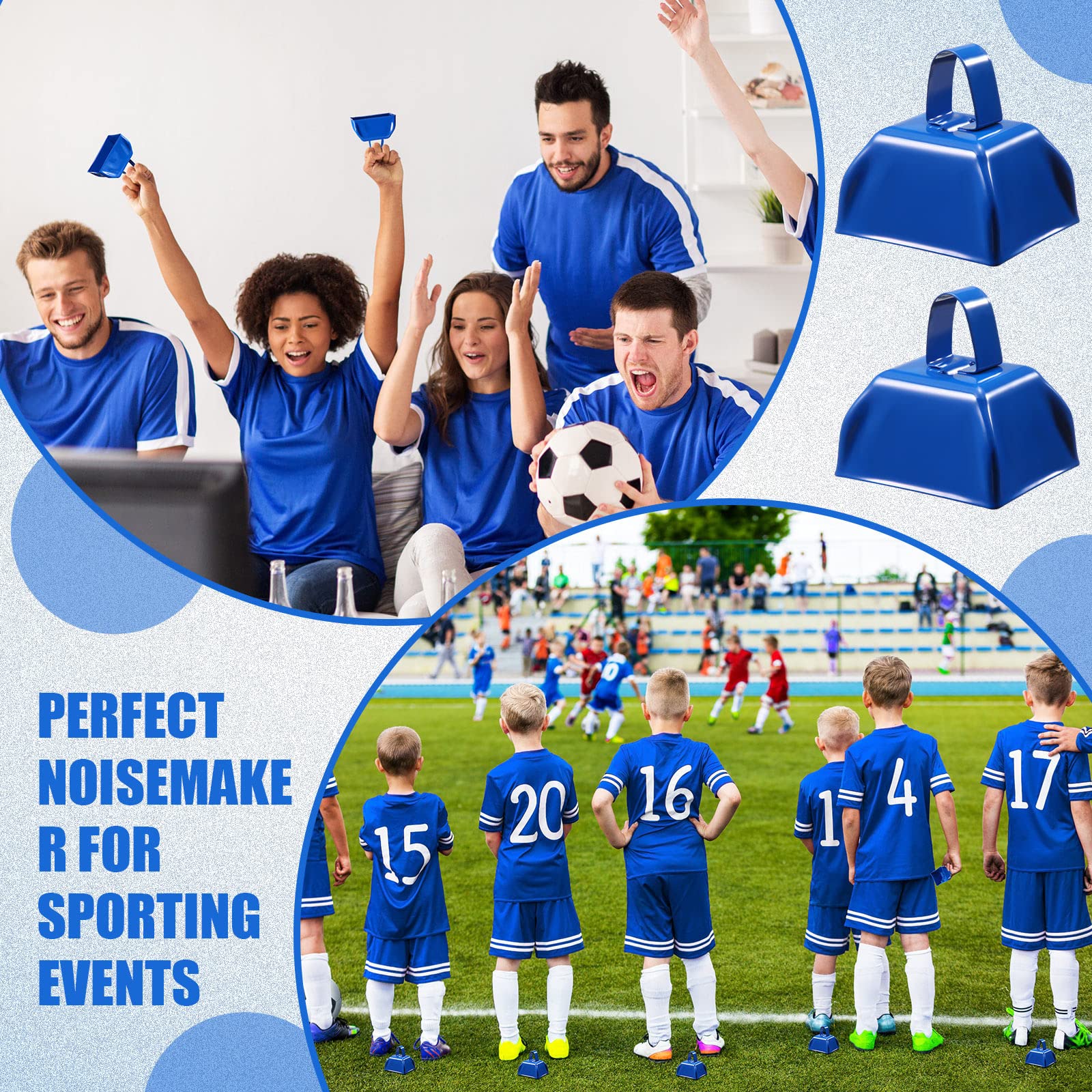 24 Pcs Metal Cowbell Noisemakers with Handles, Cow Bells Noise Makers for Sporting Events 3 Inch, Bulk Cheering Cowbell with Handle for Football Games Homecoming, New Year's Eve (Blue)