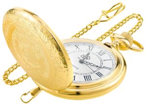 realpoo gold large decorative flower pattern pocket watch white roman numeral scale quartz pocket watches for men with chain