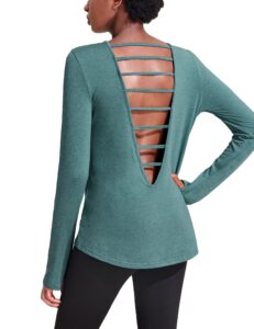 back long sleeve workout tops for women with thumb hole backless crewneck gym yoga shirts green