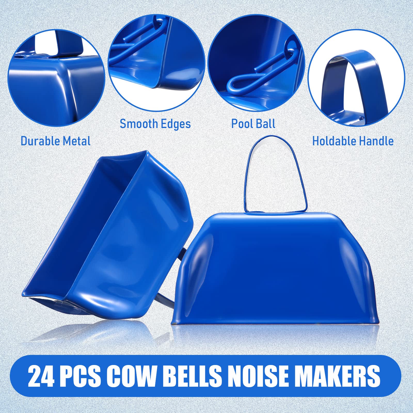 24 Pcs Metal Cowbell Noisemakers with Handles, Cow Bells Noise Makers for Sporting Events 3 Inch, Bulk Cheering Cowbell with Handle for Football Games Homecoming, New Year's Eve (Blue)