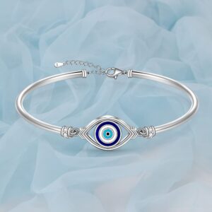 Evil Eye Bracelet for Women Sterling Silver Greek Turkish Blue Evil Eye Bangle Bracelets Adjustable Good Luck Protection Jewelry White Gold Cute Mothers Day Gifts