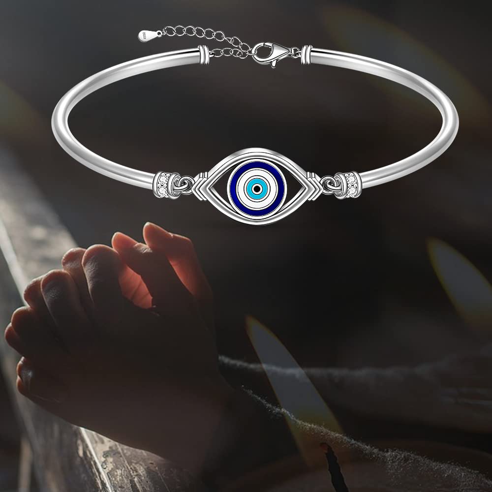 Evil Eye Bracelet for Women Sterling Silver Greek Turkish Blue Evil Eye Bangle Bracelets Adjustable Good Luck Protection Jewelry White Gold Cute Mothers Day Gifts