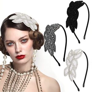 wllhyf 3 pieces flapper headpiece beaded leaf headbands 1920s rhinestone hairbands for women girls vintage crystal hair accessories for costume party valentines gift (black, silver, white)