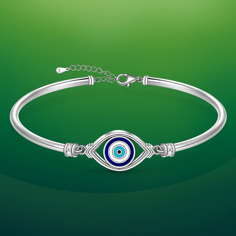 Evil Eye Bracelet for Women Sterling Silver Greek Turkish Blue Evil Eye Bangle Bracelets Adjustable Good Luck Protection Jewelry White Gold Cute Mothers Day Gifts