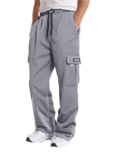 gymbullfight men's cargo sweatpants loose fit pants joggers for men with pockets, open bottom drawstring grey