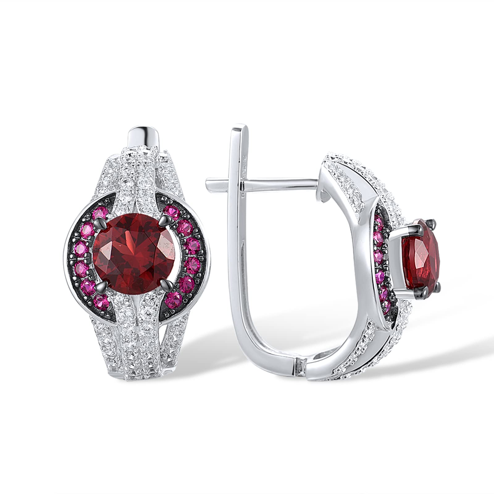 Santuzza 925 Sterling Silver Garnet Cubic Zirconia Round Shape Huggie Earrings for Women