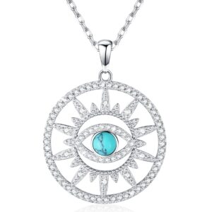 BDL Evil Eye Necklace - Sterling Silver Natural Turquoise Genuine With 5A Cubic Zirconia, Third Eye Necklace Ojo Turco Pendant, Christmas Gifts for Women Girls