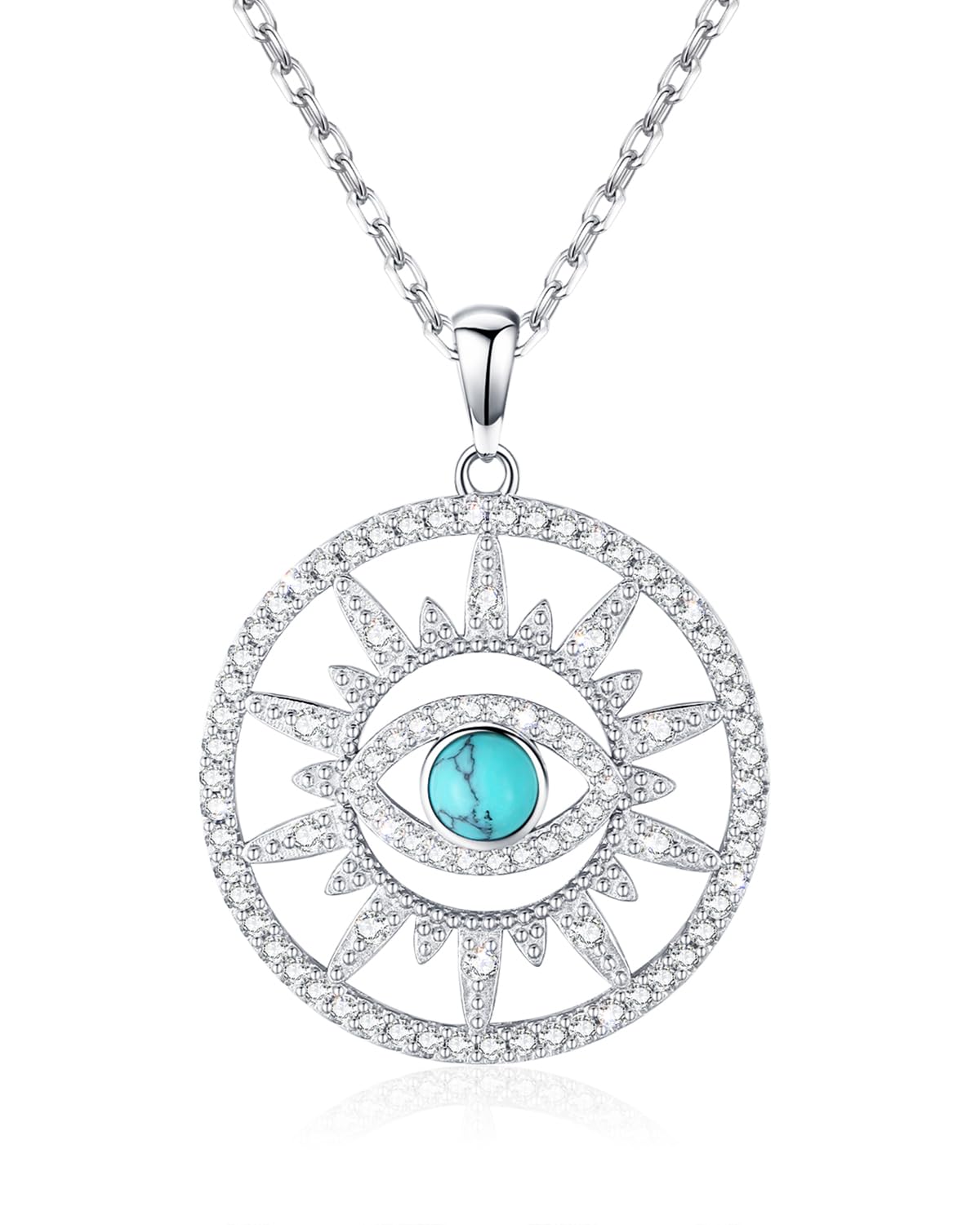 BDL Evil Eye Necklace - Sterling Silver Natural Turquoise Genuine With 5A Cubic Zirconia, Third Eye Necklace Ojo Turco Pendant, Christmas Gifts for Women Girls