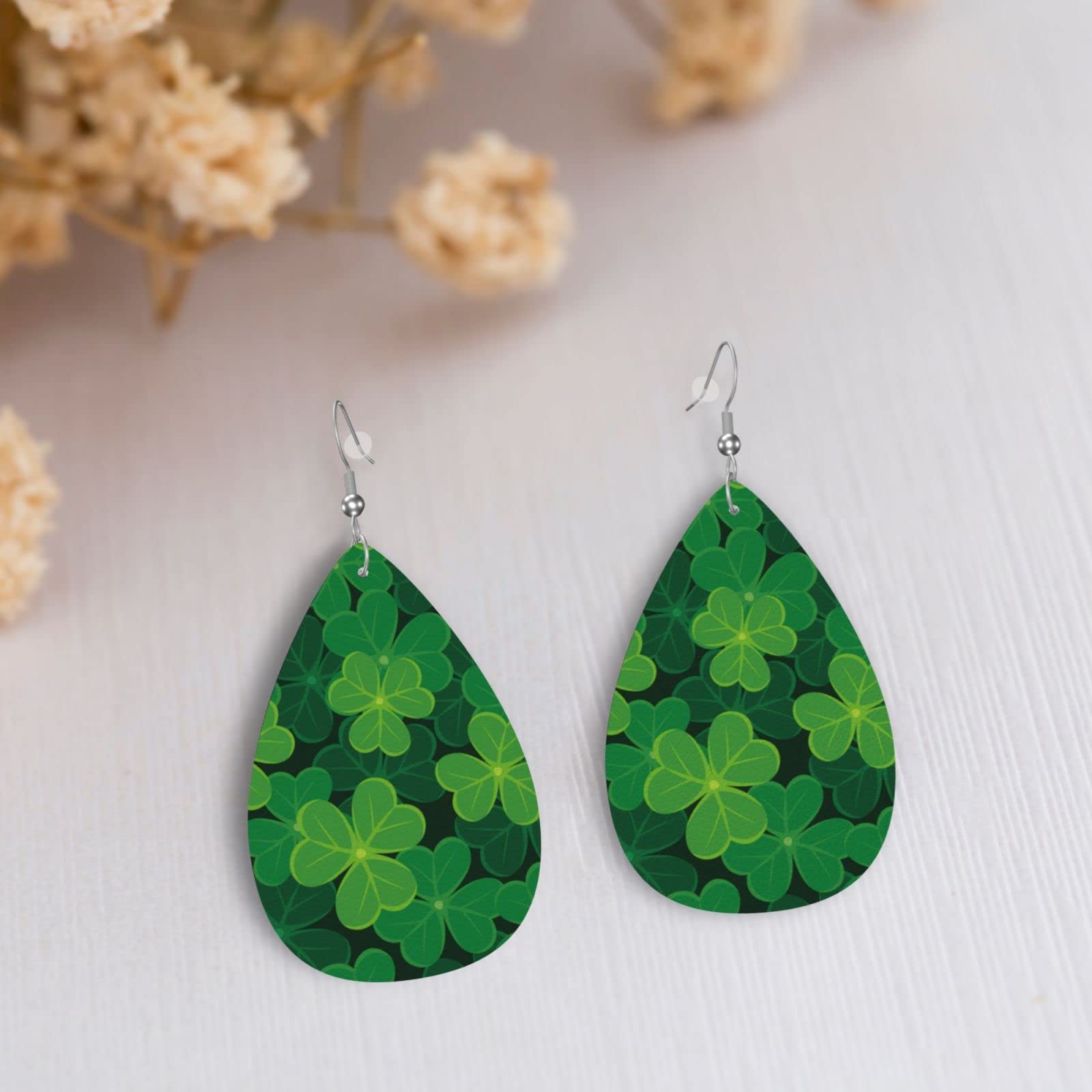 Shamrock ST Patrick's Day Earrings Faux Leather Teardrop Earring Lightweight Dangle for Women