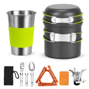 rlrueyal camping cookware backpacking stove canister stand tripod and stainless steel camping cup,fork spoon kit for hiking and picnic,camping cooking,backpacking gear,mess kit.